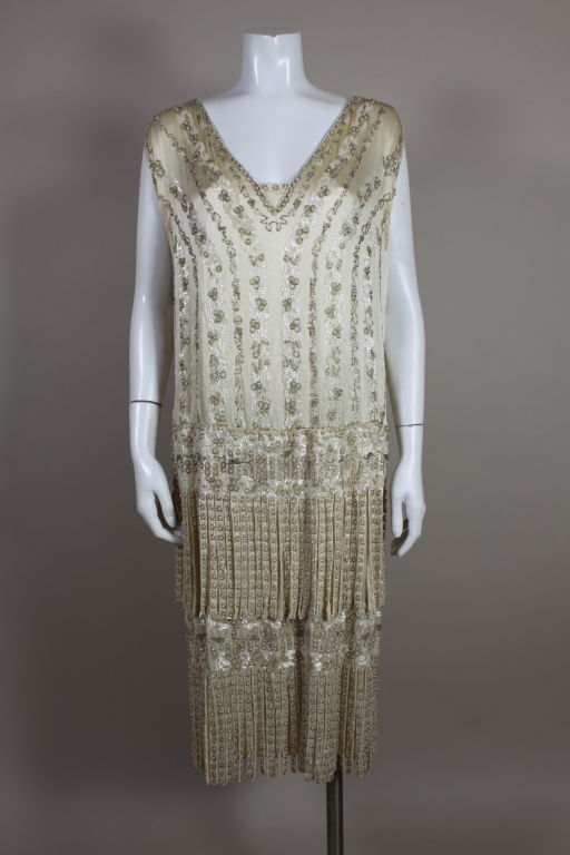 1920's Ivory Satin Beaded Flapper Dress at 1stDibs