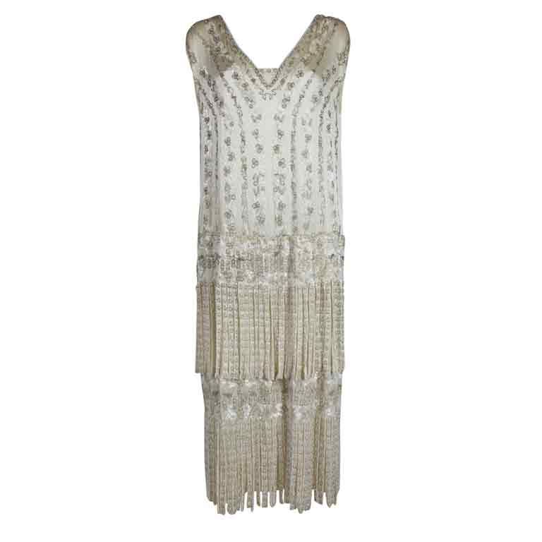 1920's Ivory Satin Beaded Flapper Dress at 1stDibs