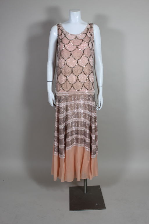 1920s Pink Embroidered and Beaded Fish Scale Gown For Sale at 1stDibs