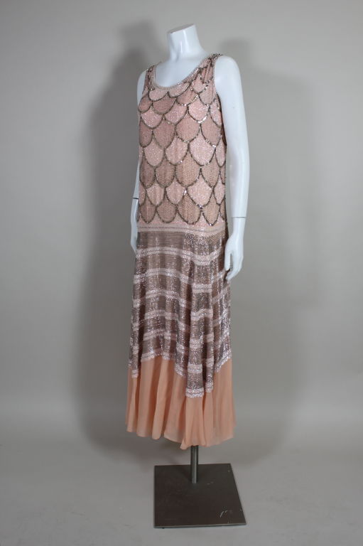 1920s Pink Embroidered and Beaded Fish Scale Gown For Sale at 1stDibs