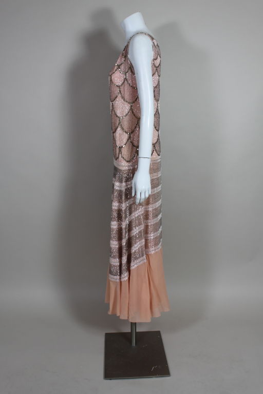 1920s Pink Embroidered and Beaded Fish Scale Gown For Sale at 1stDibs