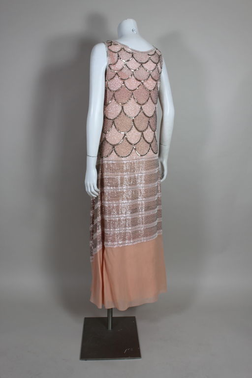 1920s Pink Embroidered and Beaded Fish Scale Gown For Sale at 1stDibs