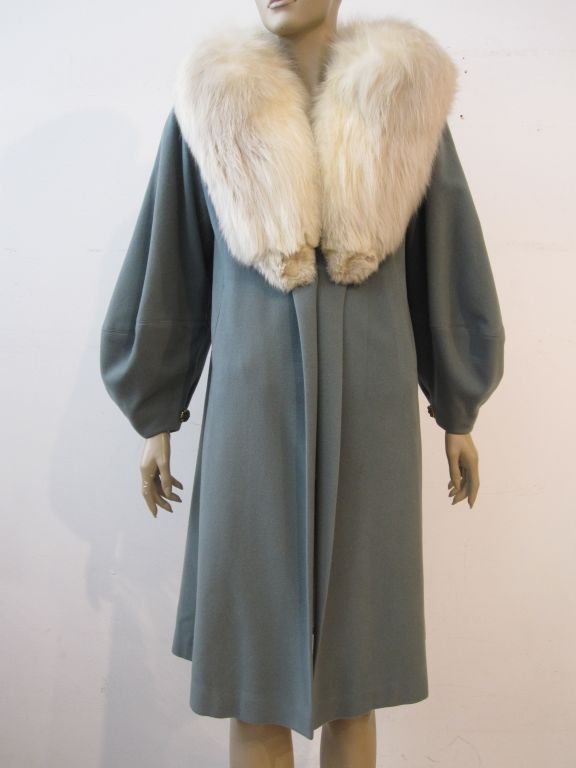 40s Ice Blue Wool Coat w/ Fox Collar andLantern Sleeves at 1stDibs