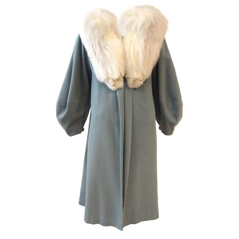 40s Ice Blue Wool Coat w/ Fox Collar andLantern Sleeves at 1stDibs