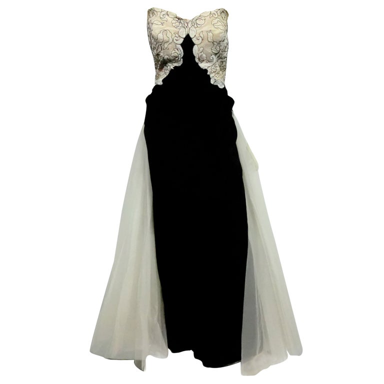 Dorothy O'Hara 50s Swallowtail Strapless Lace and Velvet Column at 1stDibs