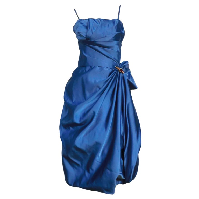 Ceil Chapman 50s Silk Satin Azure Cocktail Gown w/ Bubble Hem at 1stDibs