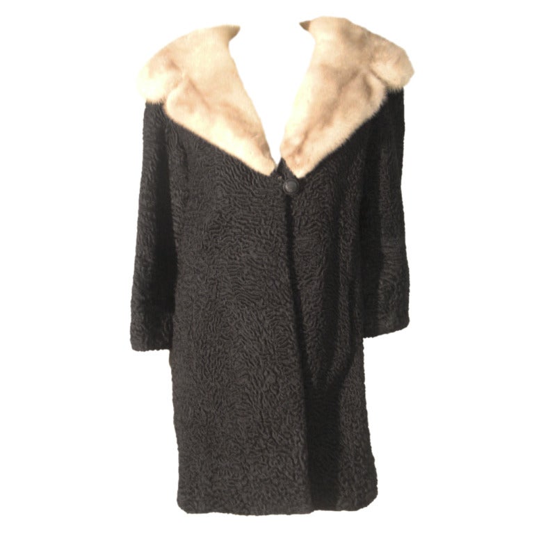 1950s Black Persian Lamb Coat w/ Silvery Taupe Mink Collar at 1stDibs