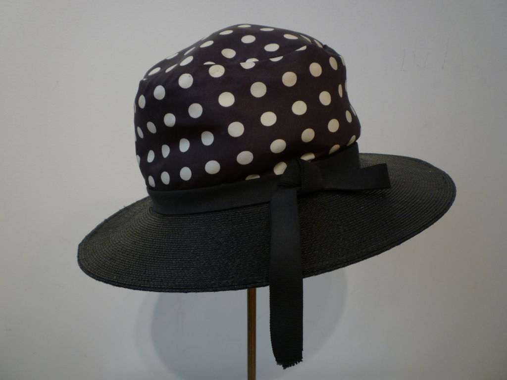Joseph Magnin 1960s Hat in Straw and Silk Polka Dot For Sale at 1stDibs