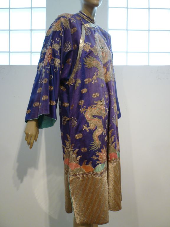 Beautiful Antique Chinese Hand-Embroidered Gold Satin Robe at 1stDibs