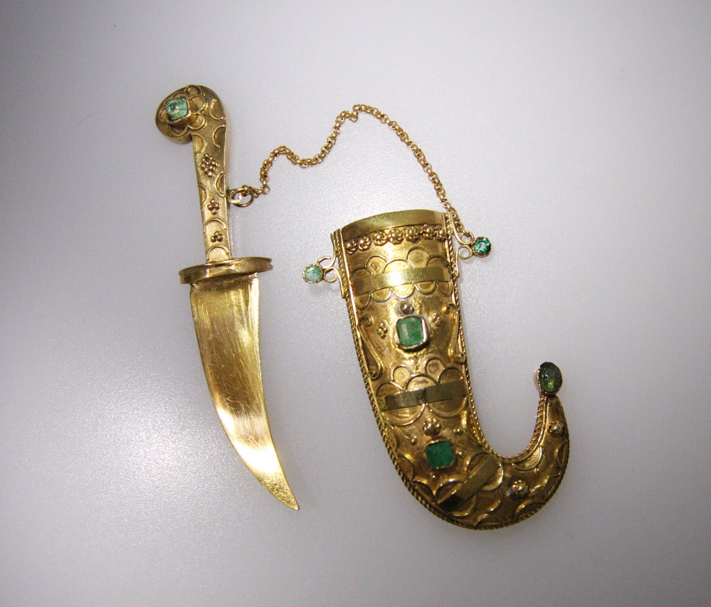 Decorative Green Crystal Emerald Gold Sword Brooch For Sale at 1stDibs