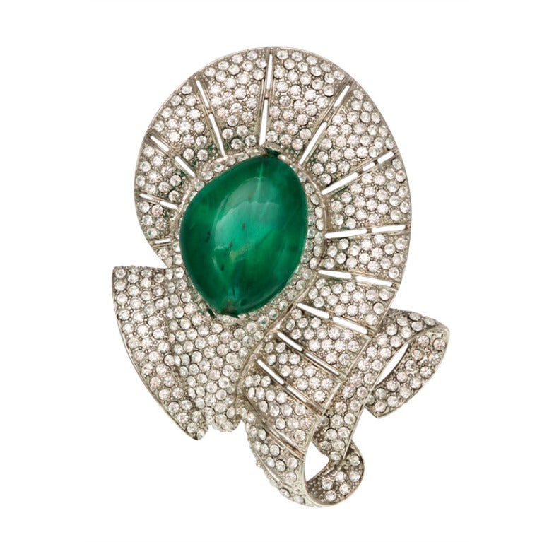 Large Retro Style Faux Emerald Crystal Pin at 1stDibs