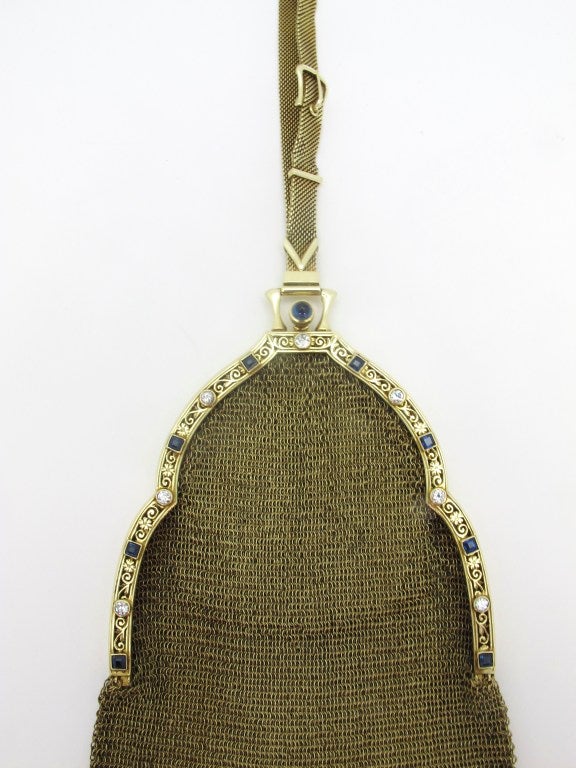 French Sapphire Diamond Gold Mesh Purse at 1stDibs