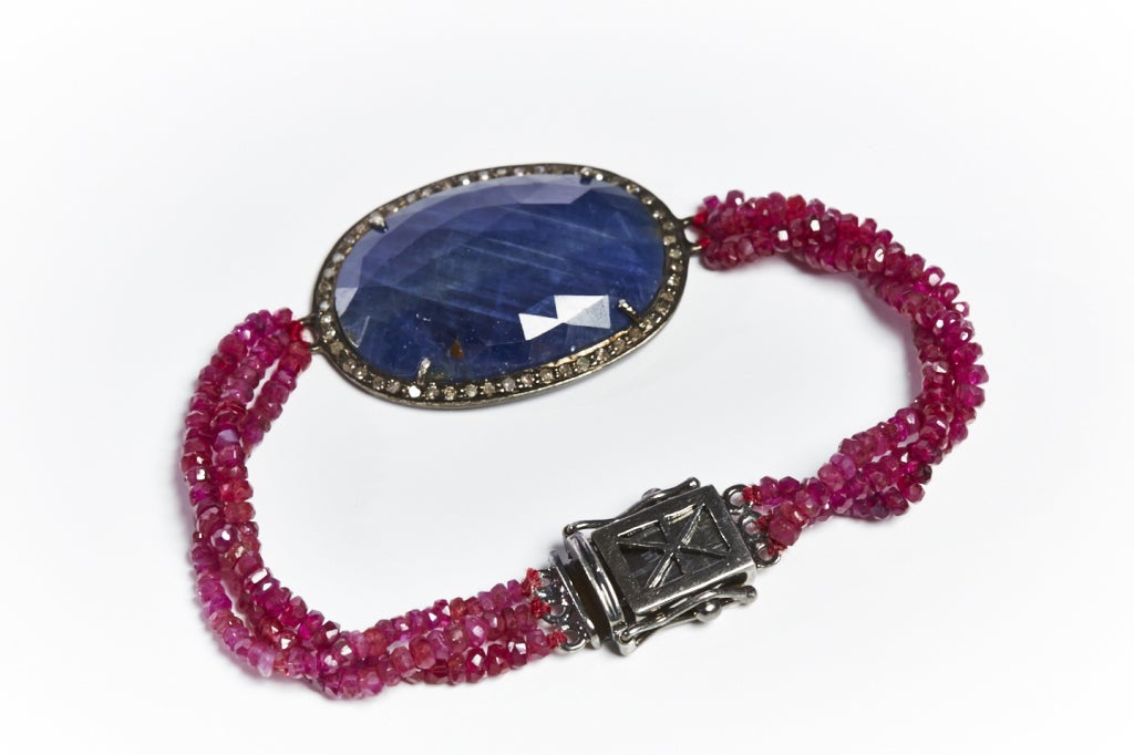 Jade Jagger Oval Blue Sapphire Ruby Bead and Diamond Bracelet For Sale ...