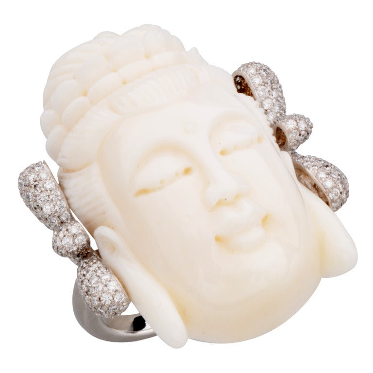 Donald Huber Coral Diamond Matte Gold Quan Yin Head Ring For Sale at ...