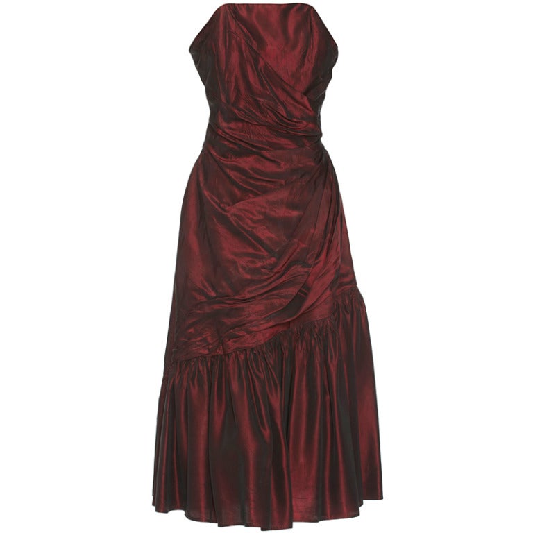 1950s Ricci Michaels Maroon Taffeta Strapless Dress at 1stDibs