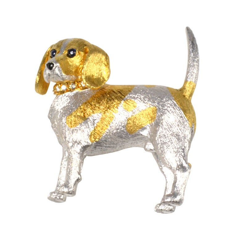 Yellow and white gold, blue sapphire and diamond dog pin For Sale at ...