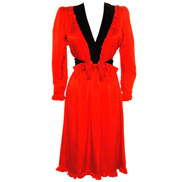 Rare Yves Saint Laurent YSL Rive Gauche Red Silk Dress and Velvet Bow ...