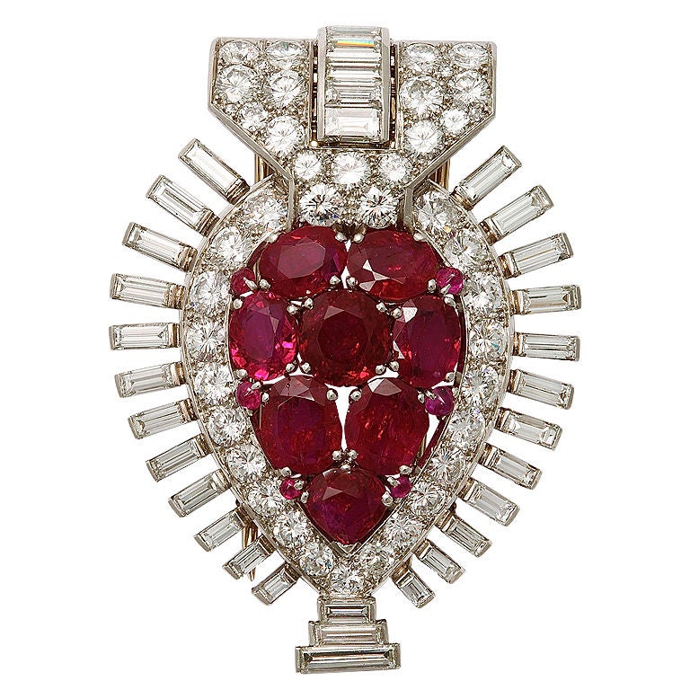 Art Deco Burma Ruby Diamond Clip Pin at 1stDibs