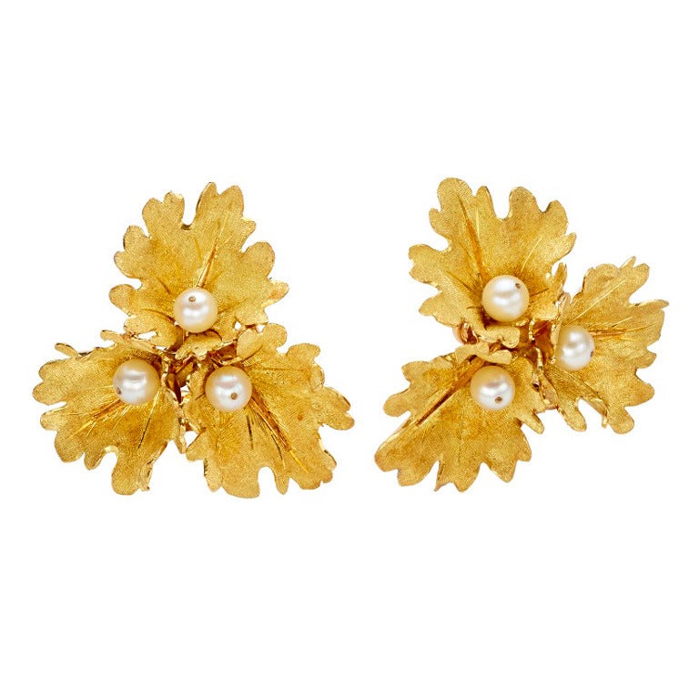 Mario Buccellati Pearl Gold Leaf Earrings at 1stDibs
