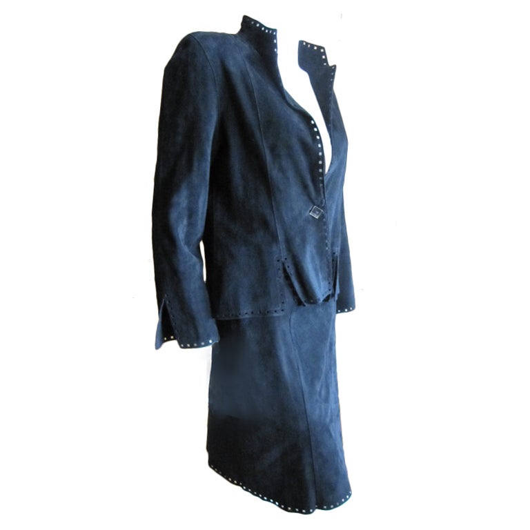 Jean Muir suede eyelet edged suit at 1stDibs