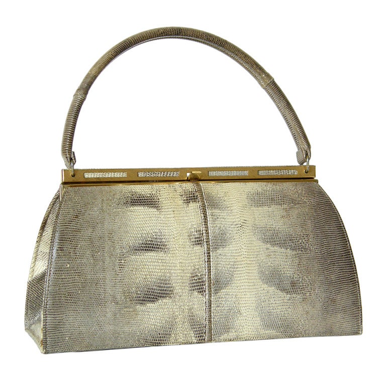 Bellestone Gray and Cream Lizard Skin Handbag with Top Handle at 1stDibs