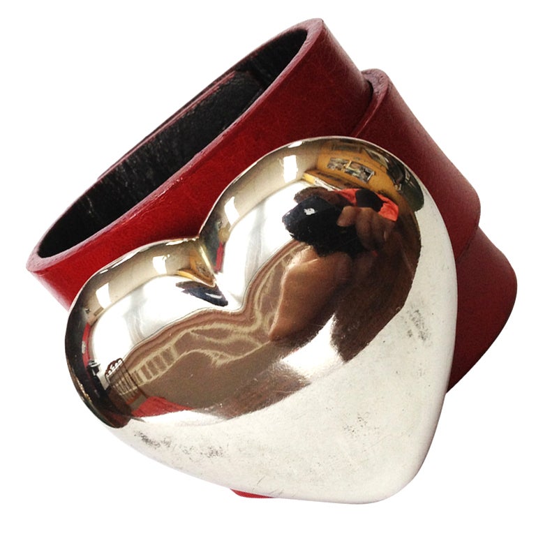 Sterling Silver Heart Leather Cuff Bracelet For Sale at 1stDibs