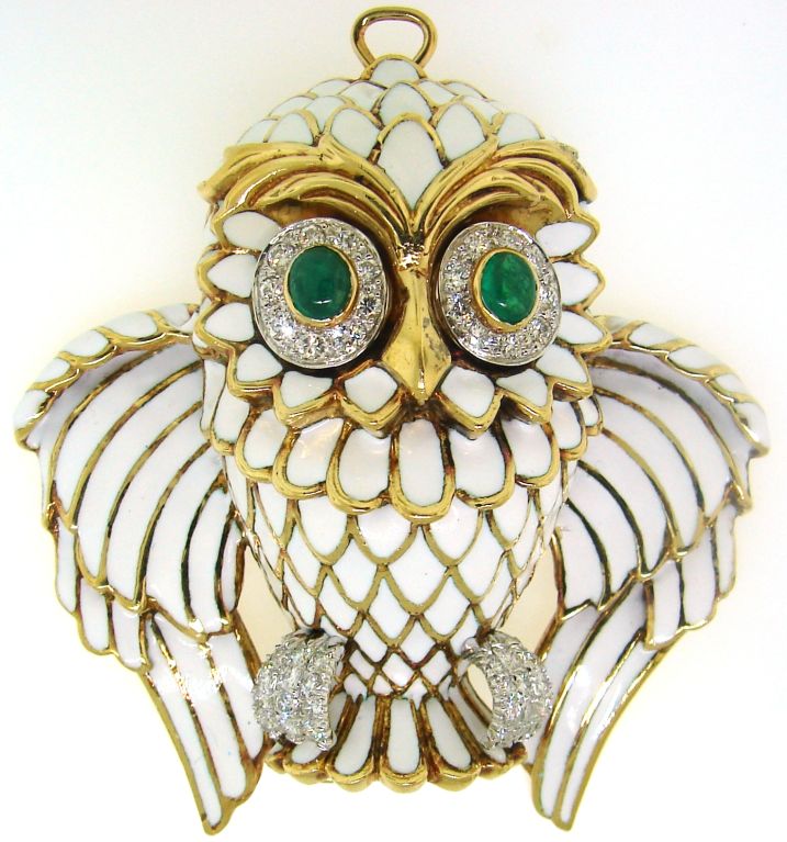 D. Webb Diamond, Emerald, Enamel and Yellow Gold Owl Pin/Pendant at 1stDibs