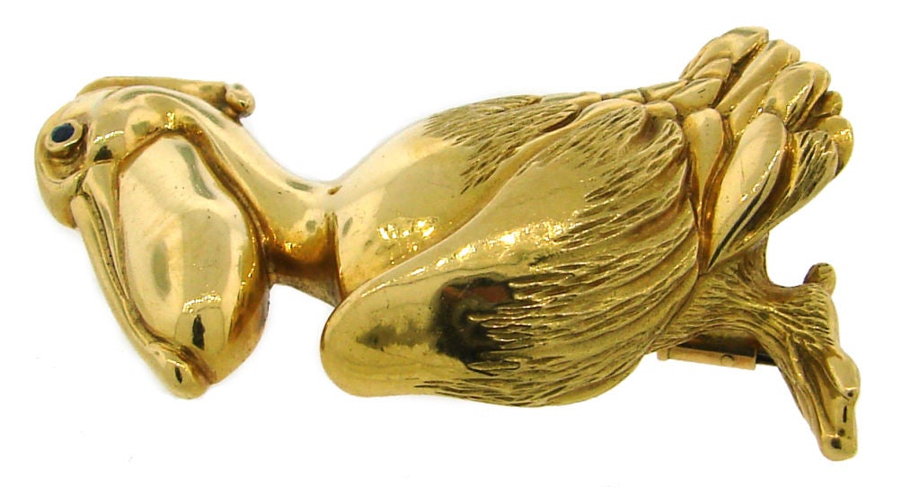 HERMES Sapphire and Yellow Gold Pelican Pin at 1stDibs
