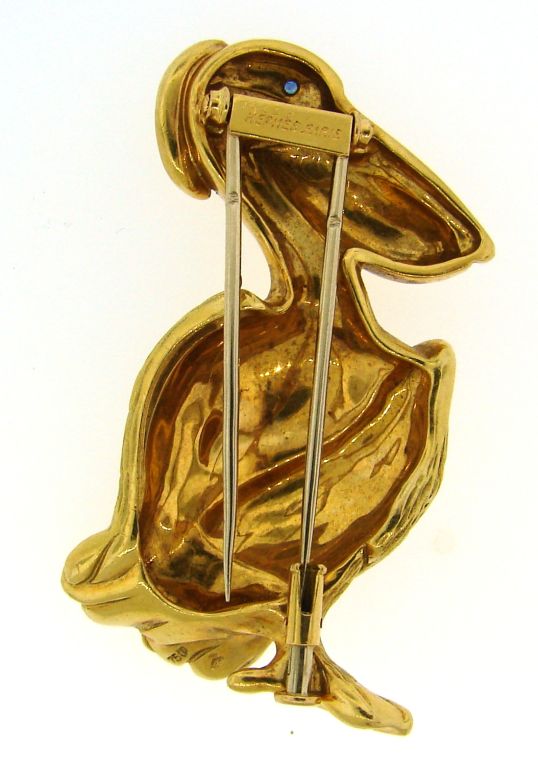 HERMES Sapphire and Yellow Gold Pelican Pin at 1stDibs
