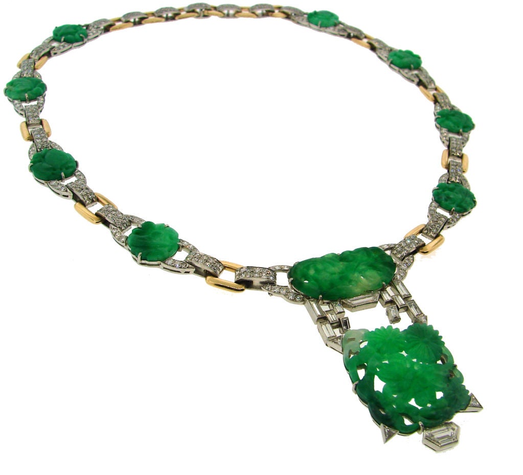 Caldwell Jade Diamond Platinum Gold Necklace For Sale at 1stDibs