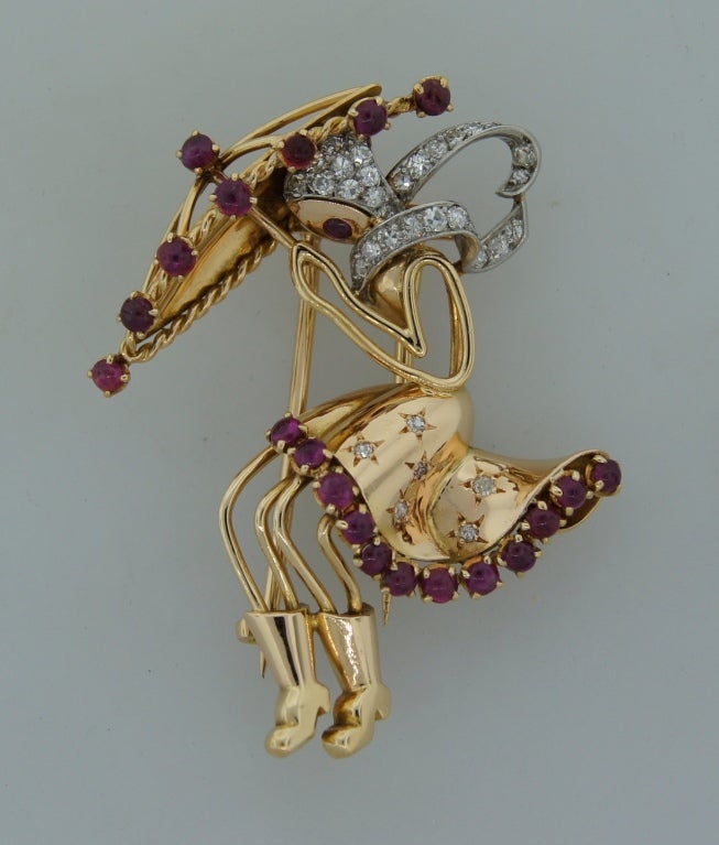 French Retro Diamond Ruby and Gold "Girl Under Umbrella" Brooch For ...