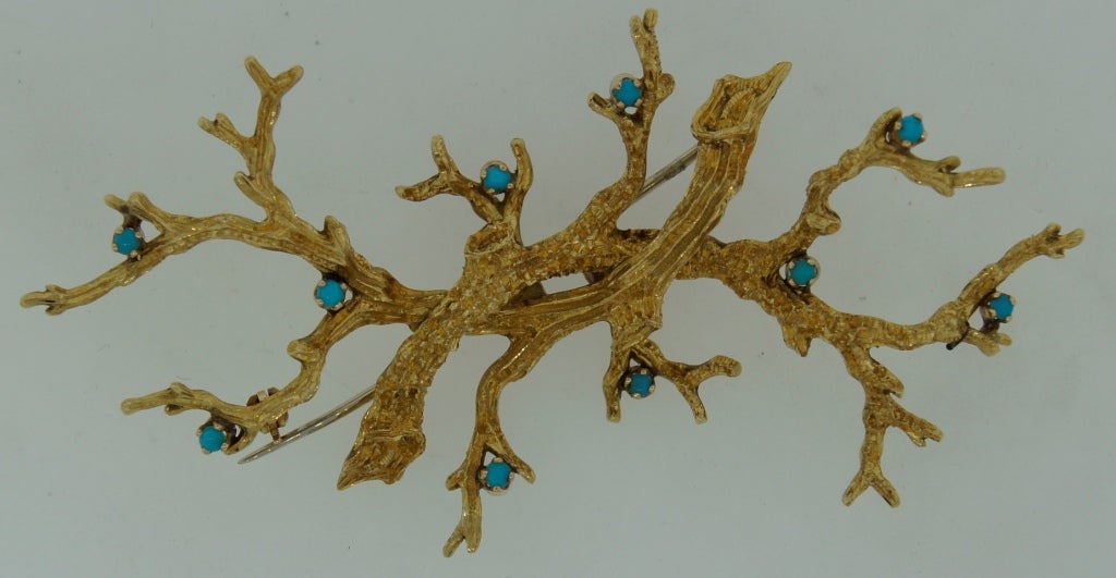 CARTIER Turquoise and Yellow Gold Stylized Brunch Pin Brooch at 1stDibs