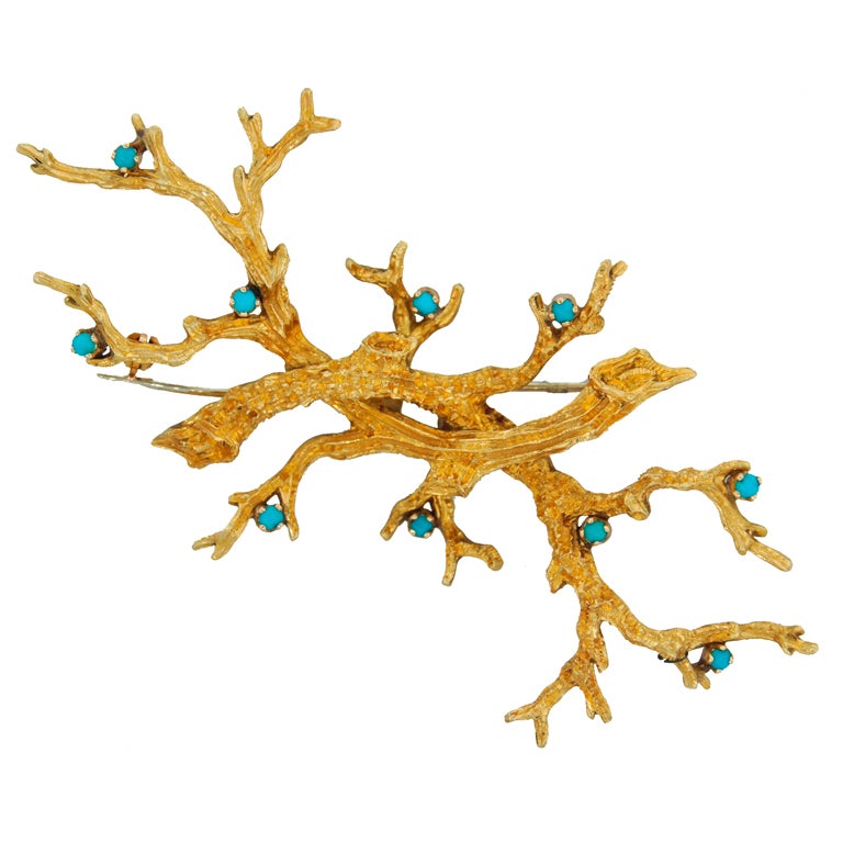 CARTIER Turquoise and Yellow Gold Stylized Brunch Pin Brooch at 1stDibs