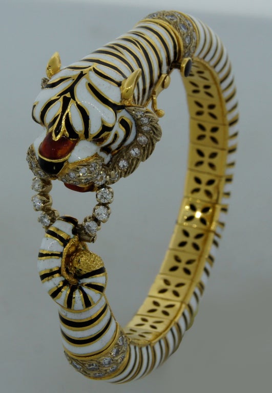 FRASCAROLO Diamond Enamel and Yellow Gold Tiger Bangle Bracelet at 1stDibs