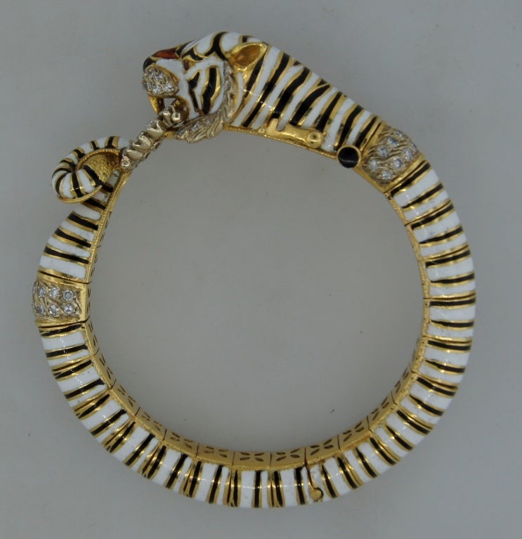 FRASCAROLO Diamond Enamel and Yellow Gold Tiger Bangle Bracelet at 1stDibs