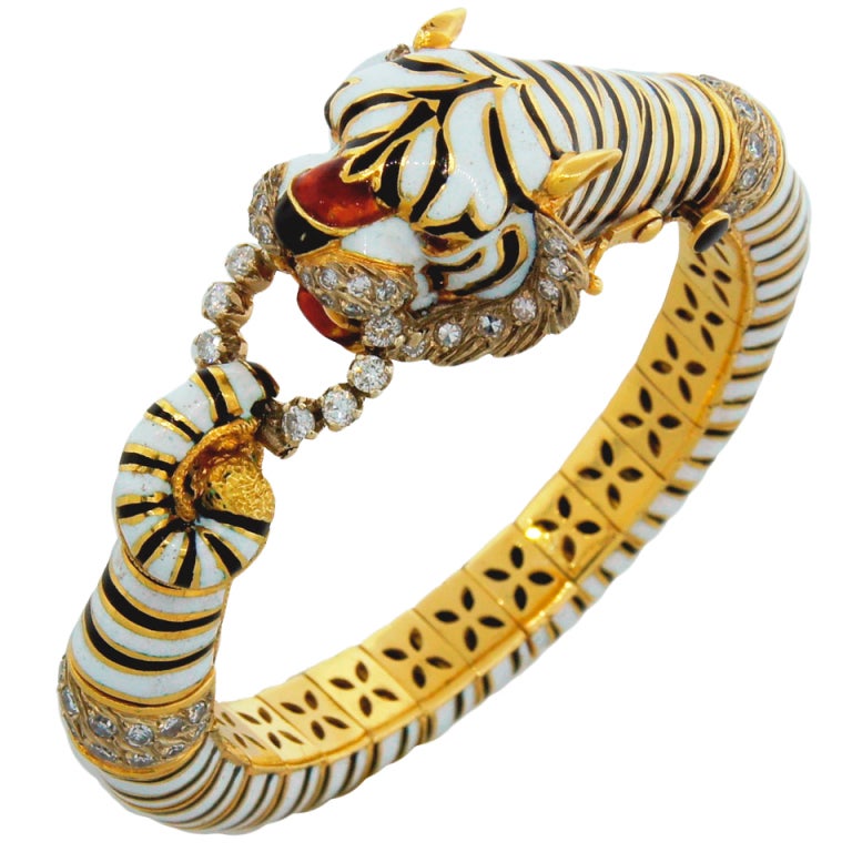 FRASCAROLO Diamond Enamel and Yellow Gold Tiger Bangle Bracelet at 1stDibs