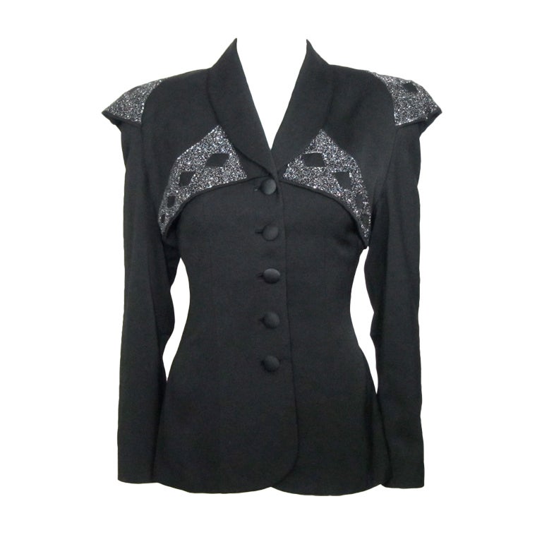VINTAGE 1940s EXAGGERATED SHOULDER BEADED JACKET For Sale at 1stDibs