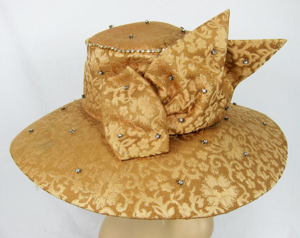 VINTAGE HUGE GOLD METALLIC BROCADE and RHINESTONE CHURCH HAT For Sale ...