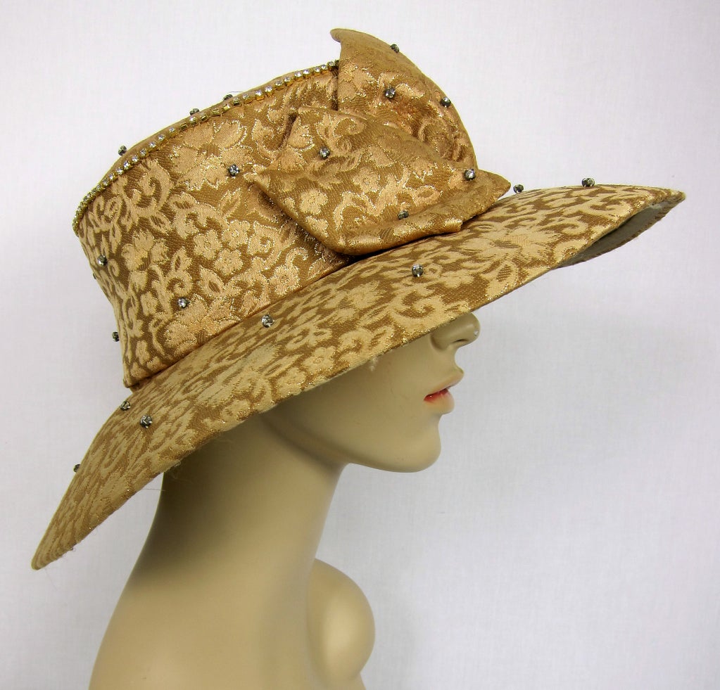 VINTAGE HUGE GOLD METALLIC BROCADE and RHINESTONE CHURCH HAT For Sale ...