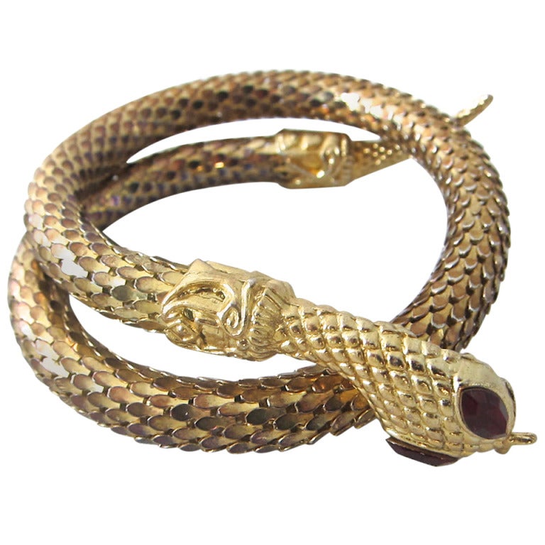 1960s Gold Tone Scales Ruby Eyed Coil Snake Bracelet -Snake Charmer ...