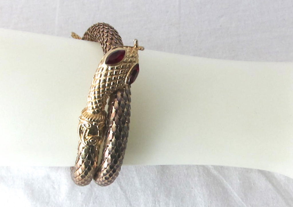 1960s Gold Tone Scales Ruby Eyed Coil Snake Bracelet -Snake Charmer ...