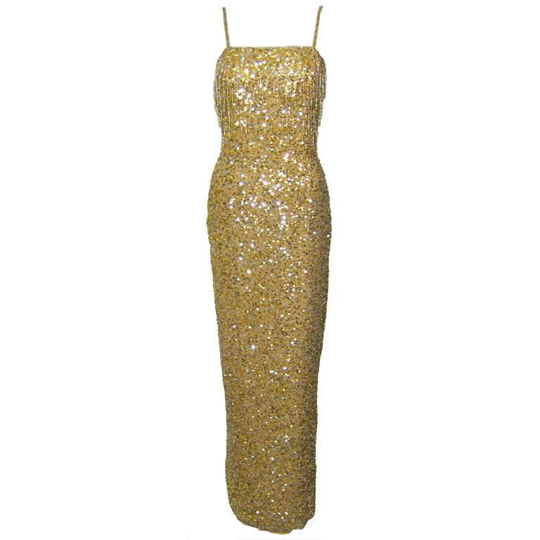 VINTAGE GOLD SHAKER SEQUIN MAXI FORMAL DRESS w open back For Sale at ...