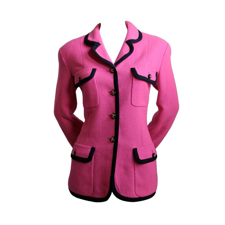 CHANEL fuschia wool blazer with black grosgrain trim at 1stDibs ...