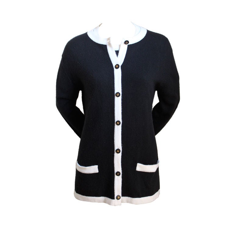 classic CHANEL jet black cashmere twinset with white trim at 1stDibs ...