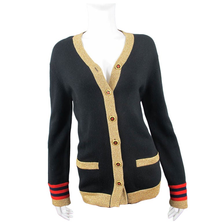 CHANEL Black Cashmere Cardigan With Gold Trim Sz 36 at 1stDibs