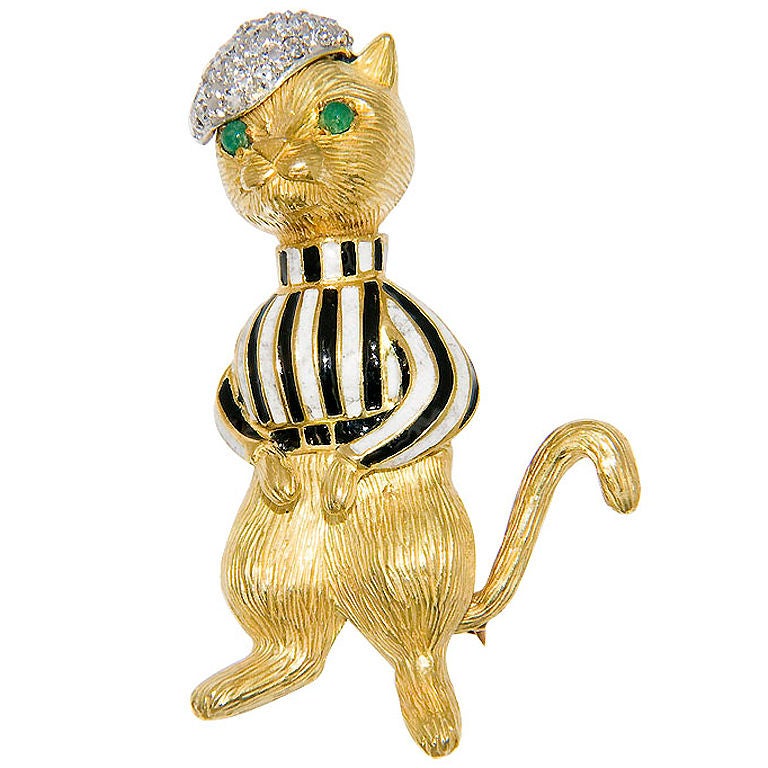 1960's Gold, Diamond and Enamel "Cool Cat" Pin at 1stDibs