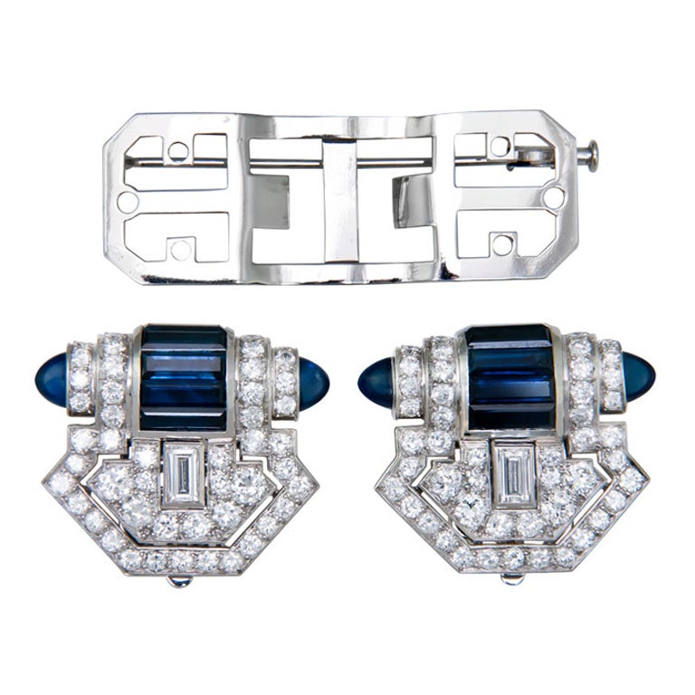 Art Deco Diamond and Sapphire Dress Clips at 1stDibs