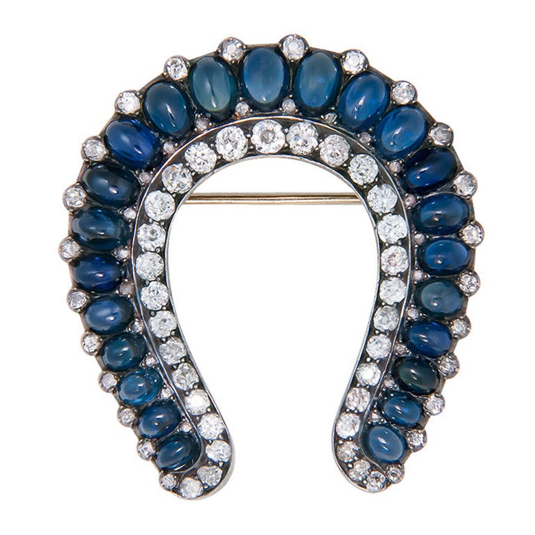 Victorian Large Sapphire and Diamond Horse Shoe brooch at 1stDibs