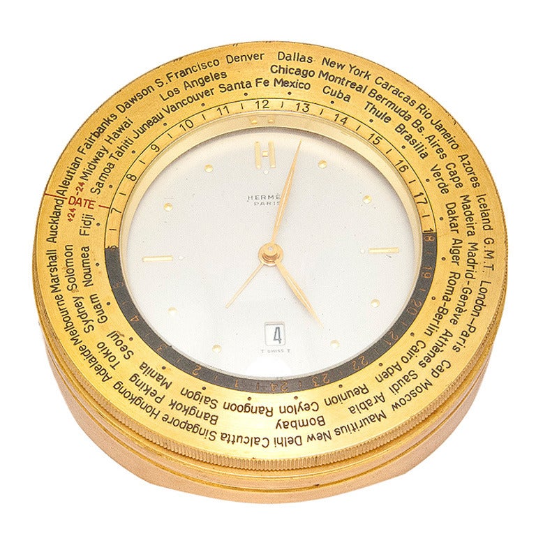 Hermes Gilt Brass World Time Desk Timepiece circa 1960s at 1stDibs