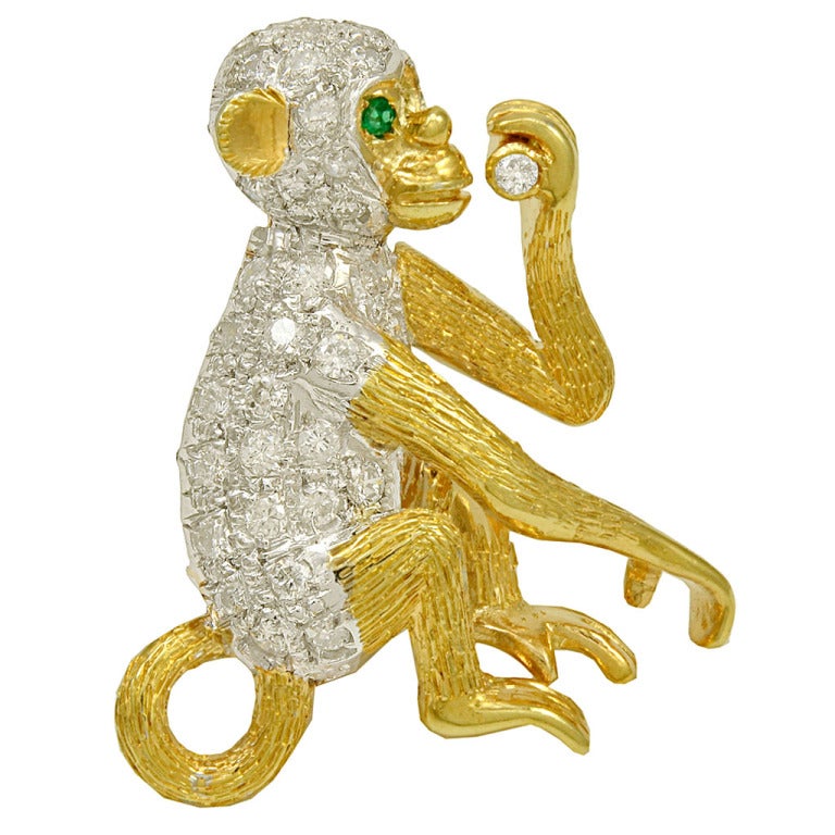 Monkey Diamond Gold Pin at 1stDibs